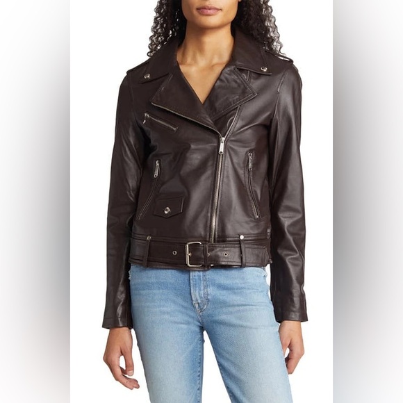 Sam Edelman | Jackets & Coats | Sam Edelman Belted Brown Leather Moto ...